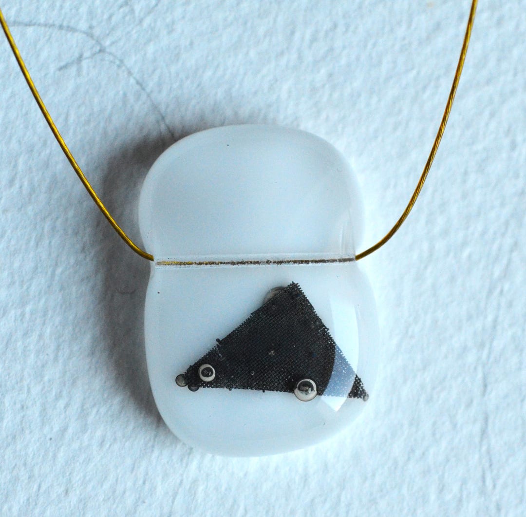 White Glass Pendant Necklace With Metal Inclusions, Fused Murano Glass ...