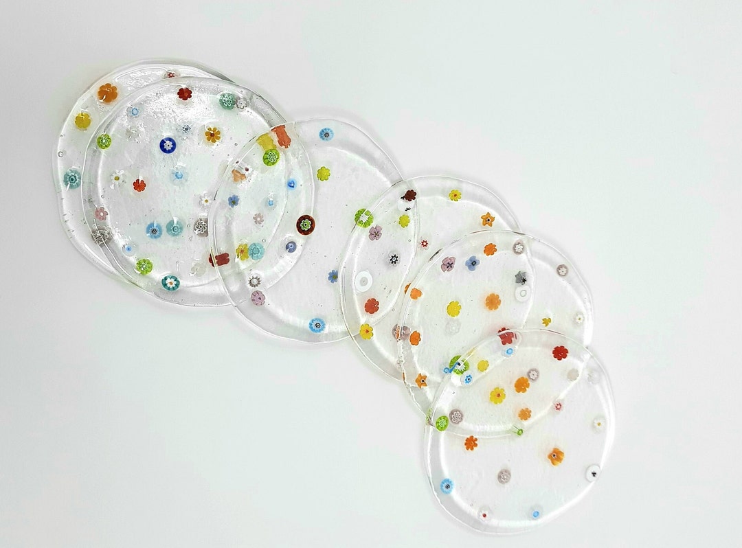 Clear Glass Coasters With Millefiori Flowers - Artistic Home Accent - Etsy
