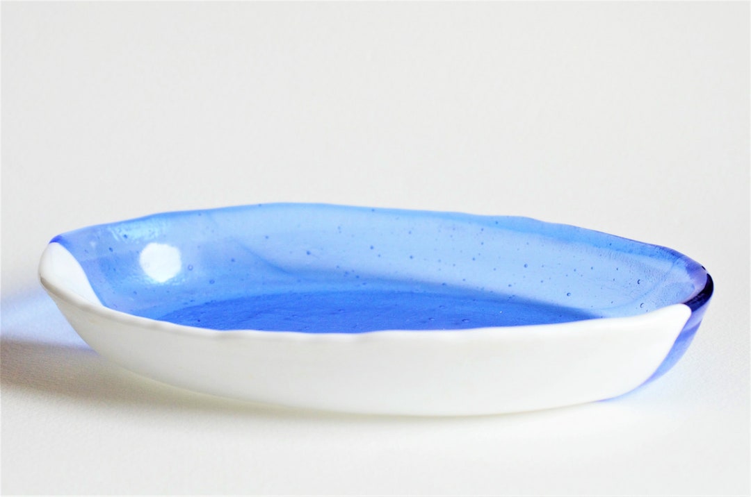 Blue White Oval Fused Glass Serving Platter, Handmade Glass Tray - Etsy