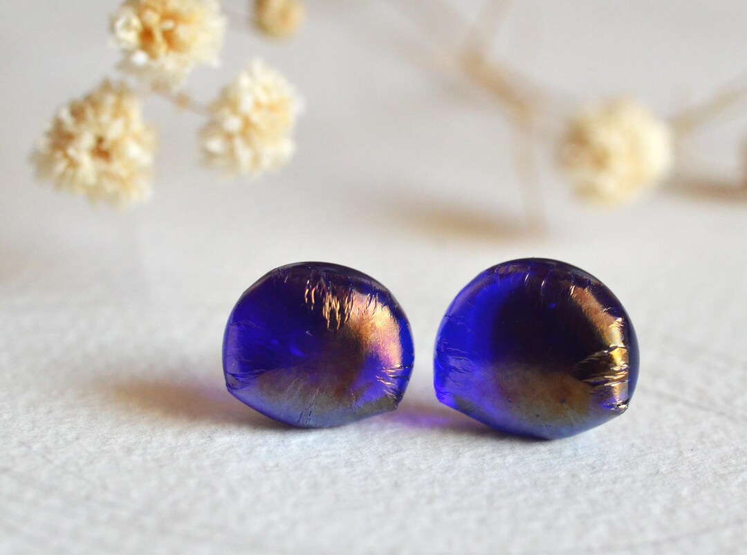 Ref 46, Exquisite Midnight Blue Glass Stud Earrings With Gold ...