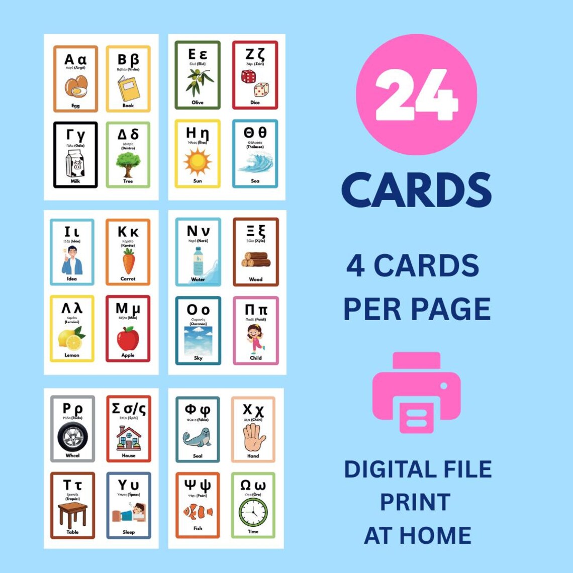 Printable Greek Alphabet Flashcards, Printable Greek English Kid Greek ...