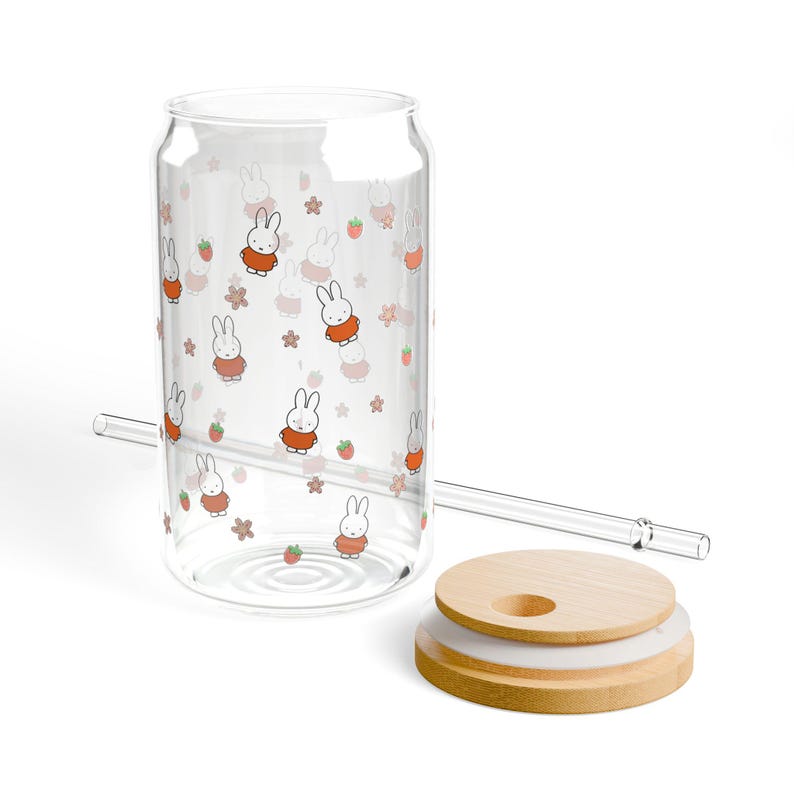 Sweet Miffy Strawberry Glass Cup - Adorable Tumbler With Lid & Straw - Etsy