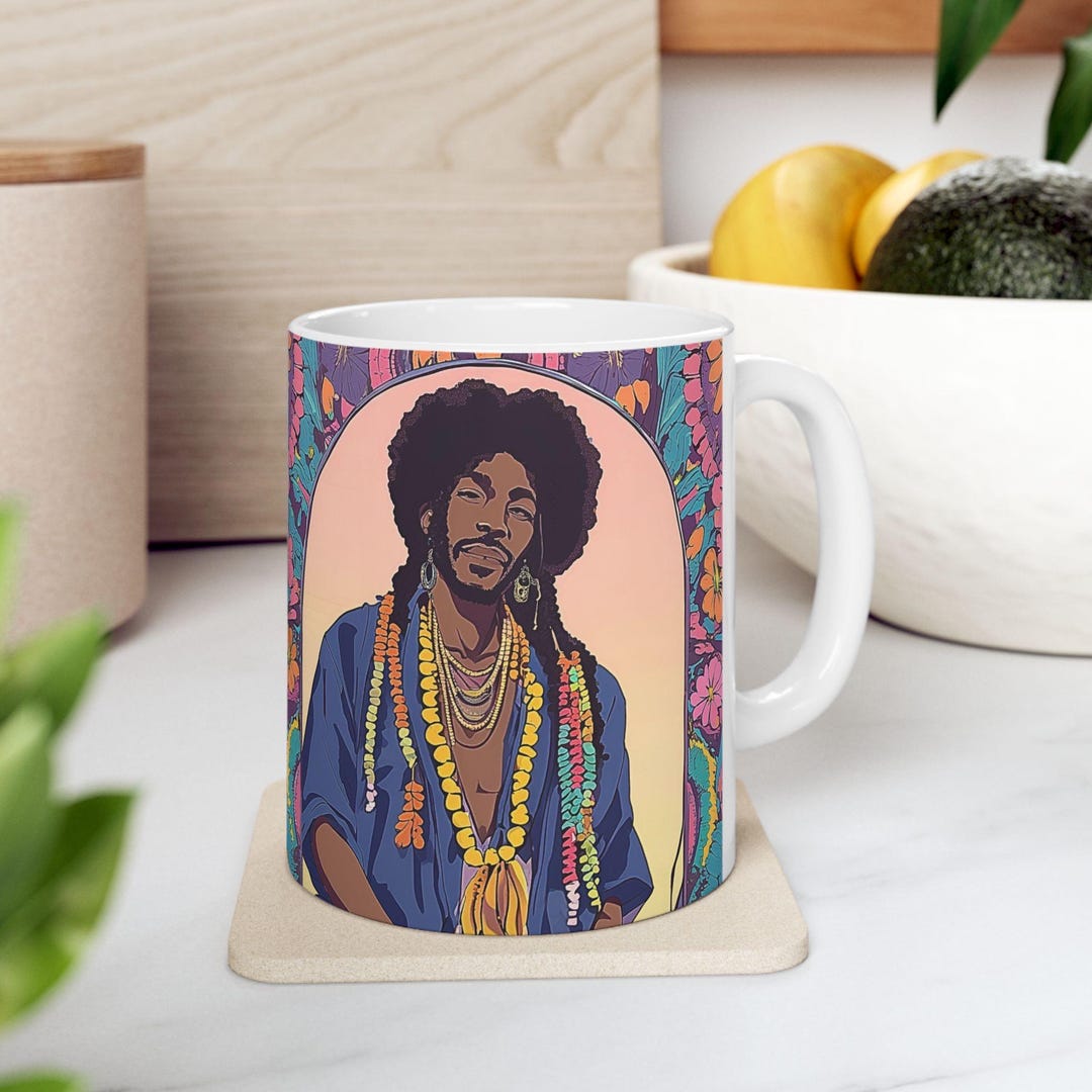 Bohemian Black Hippy Floral Ceramic Mug, Colorful Coffee Cup, Retro ...