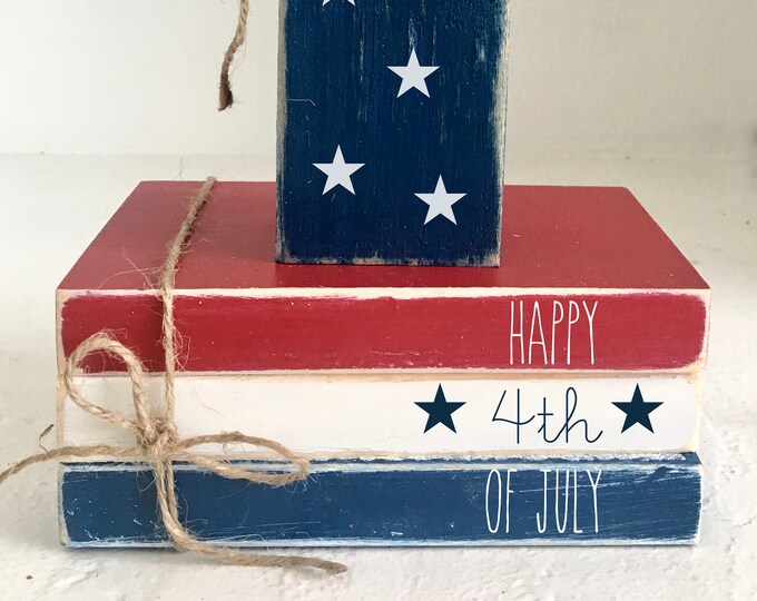 4th of July Decor, Mini Book Bundle, Book Stack, Wooden Firecracker ...