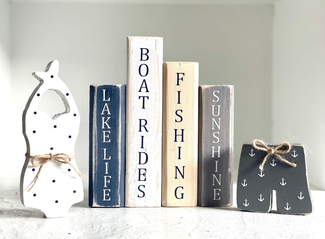 Lake House Book Stack Decor: Tiered Tray Boat, Fish & Swimsuits - Etsy