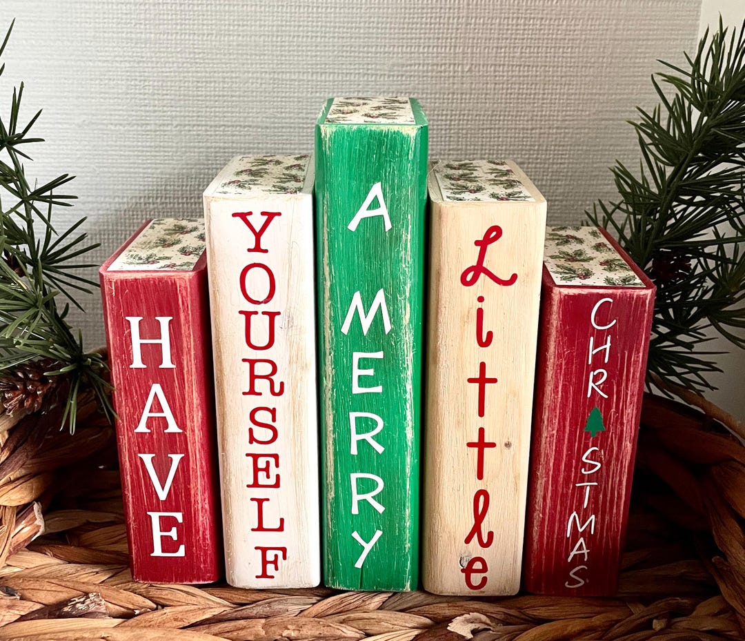 Rustic Wood Book Stack Christmas Decor: Tiered Tray Bookshelf ...