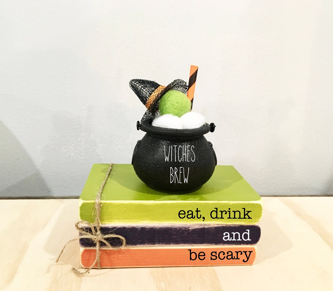 Halloween Decor, Tiered Tray, Mini Book Bundle, Black Cauldron, Book ...