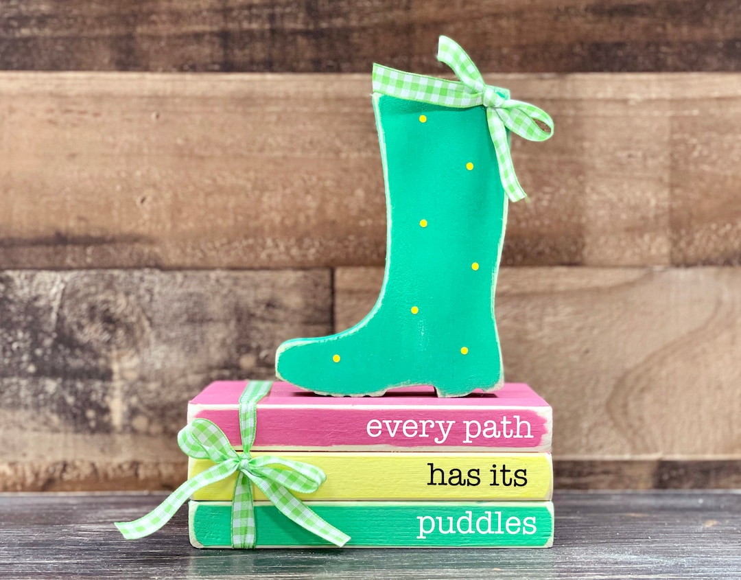 Wood Rain Boot, Mini Book Stack, Spring Decor, Tiered Tray, Hostess ...