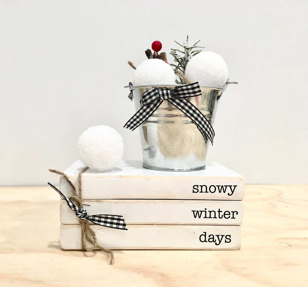 Winter Tiered Tray Decor: Snowball Bucket & Mini Book Stack - Etsy
