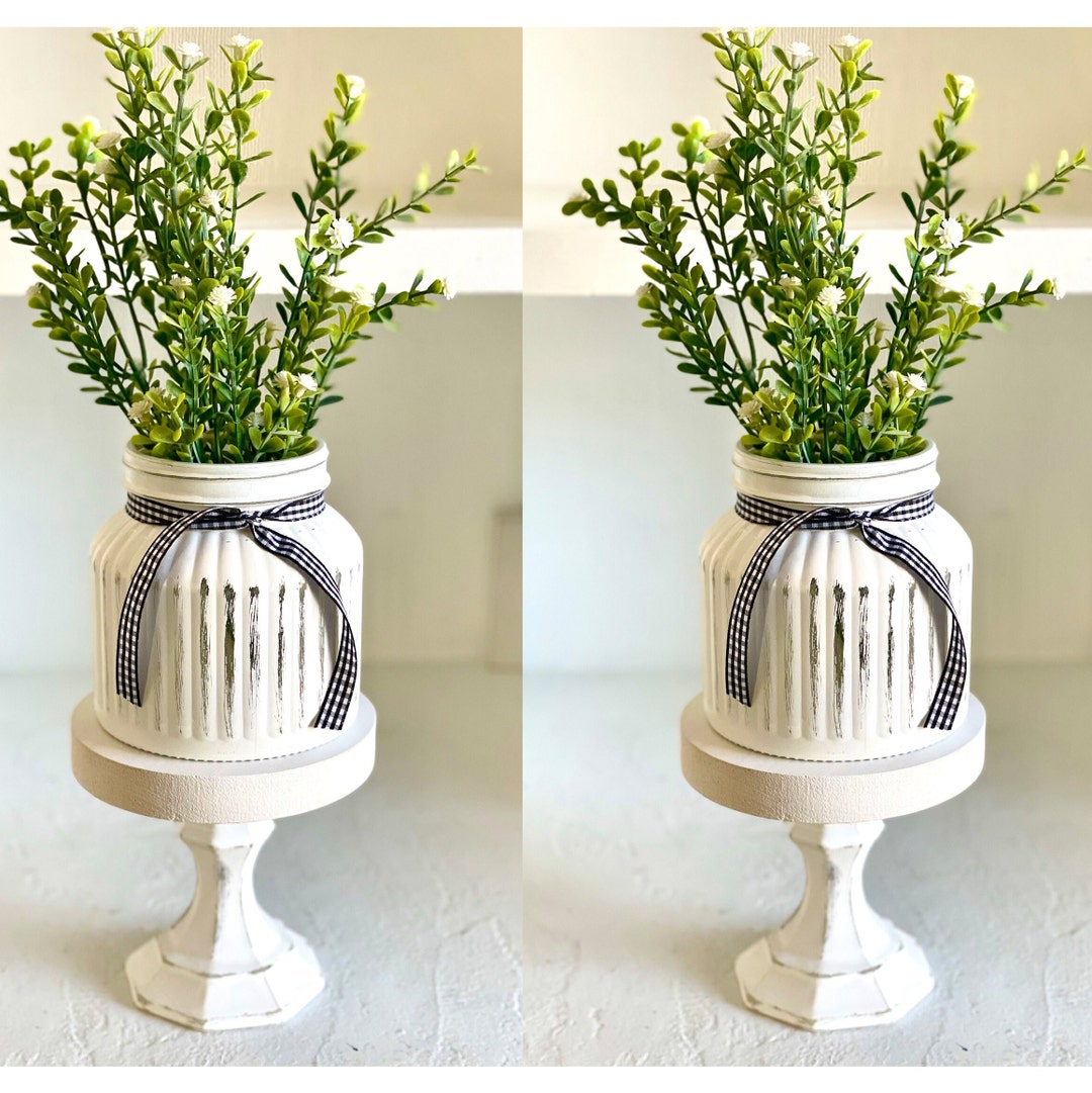 Set of Two Distressed Vases, Wood and Glass Pedestal, Farmhouse Decor ...