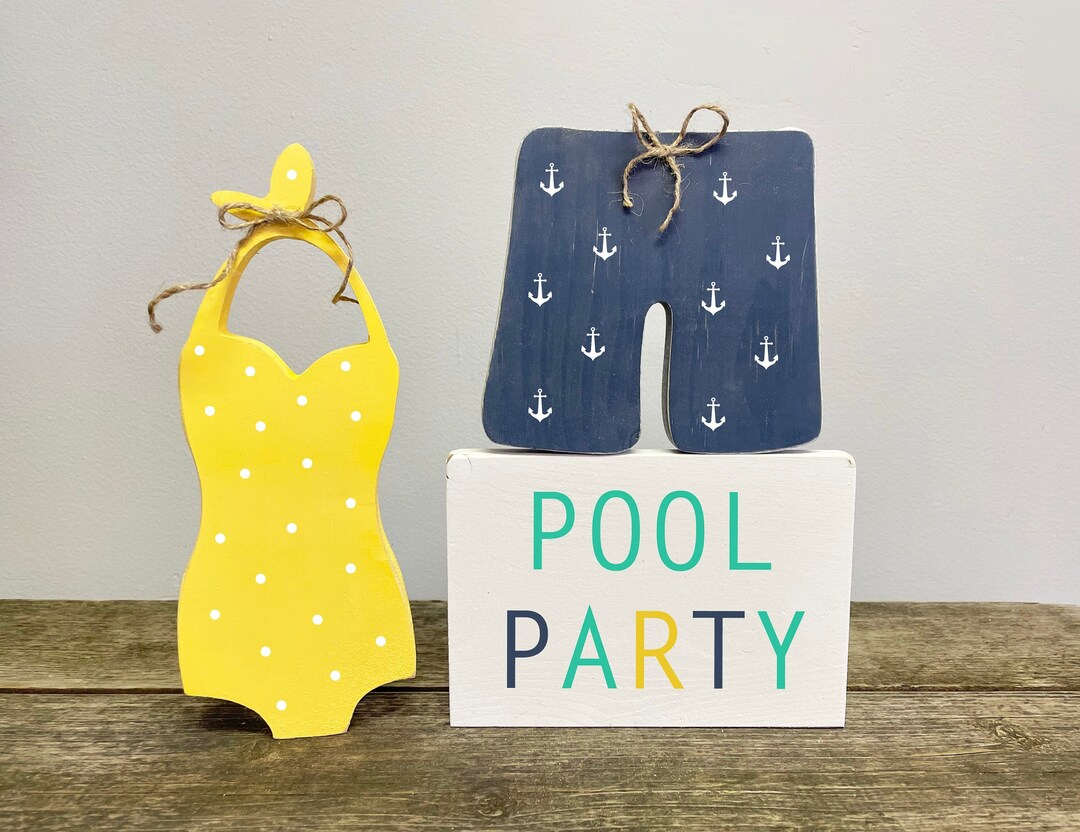 Wooden Swim Trunks and Bathing Suit, Pool Party Sign, Tiered Tray ...