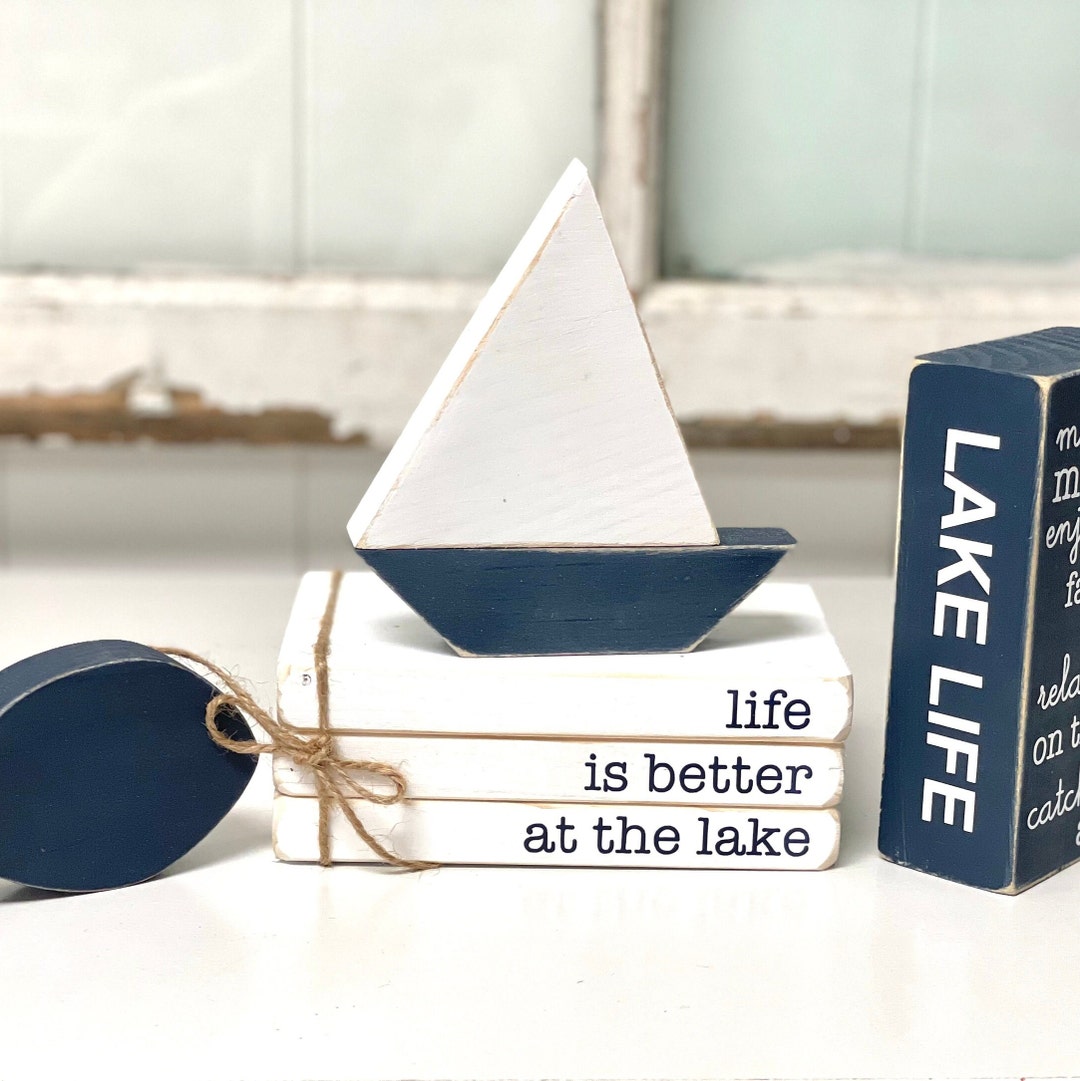 Lake House Book Stack Decor: Wood Sailboat Tiered Tray - Etsy