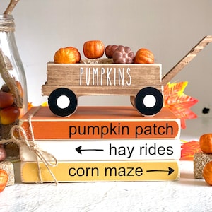 Fall Decor, Book Stack With Wood Wagon, Fall Tiered Tray Decor, Wagon ...