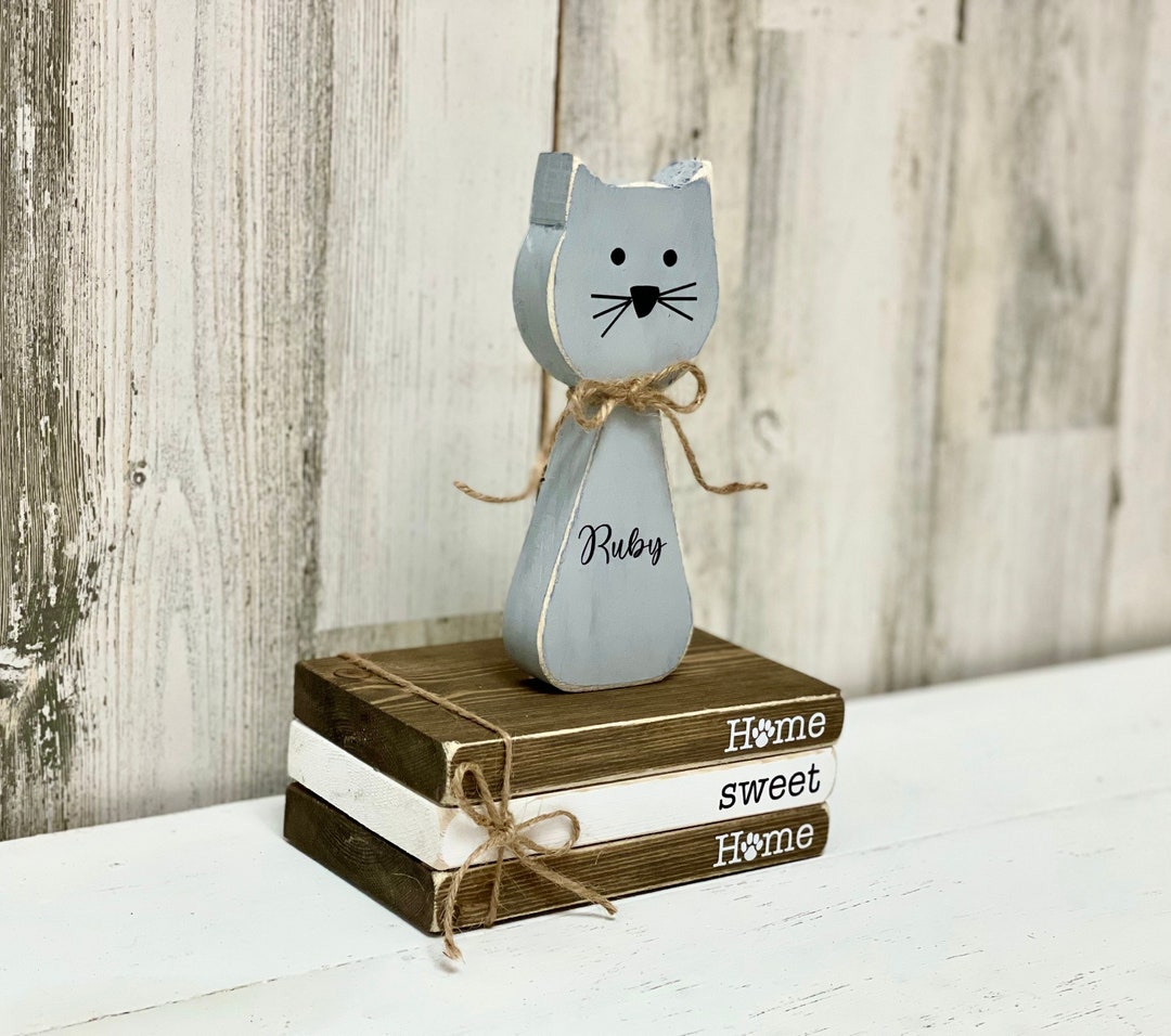 Wooden Book Stack and Personalized Cat for Home Decor Tiered Tray ...