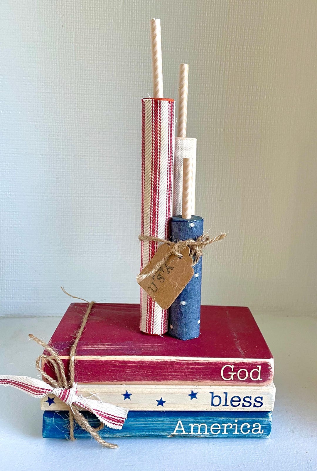 4th of July Book Stack: Patriotic Tiered Tray Decor With Wooden ...