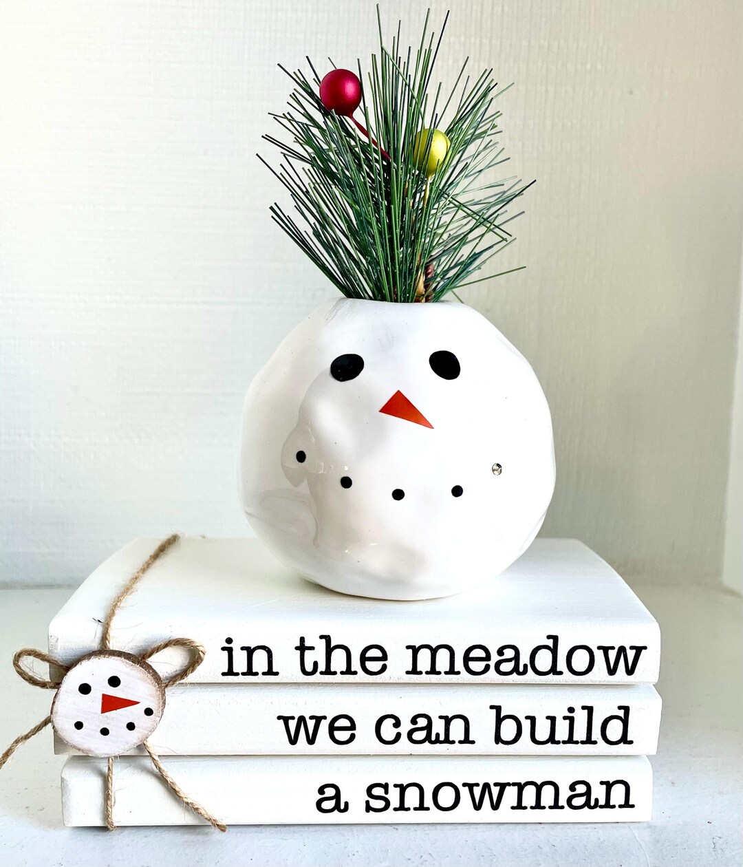 Winter Decor Wooden Book Stack With Ceramic Snowman for Winter Tier ...