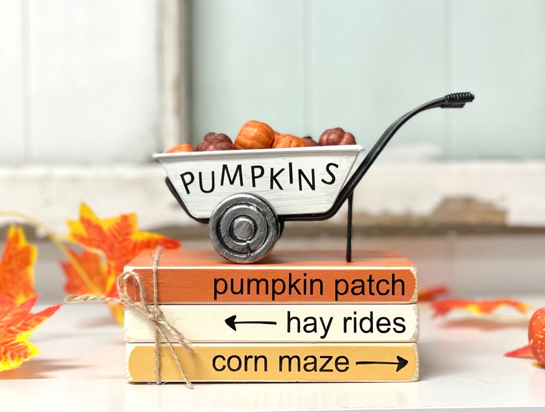 Fall Book Stack With Metal Wheel Barrow for Fall Tiered Tray, Fall ...