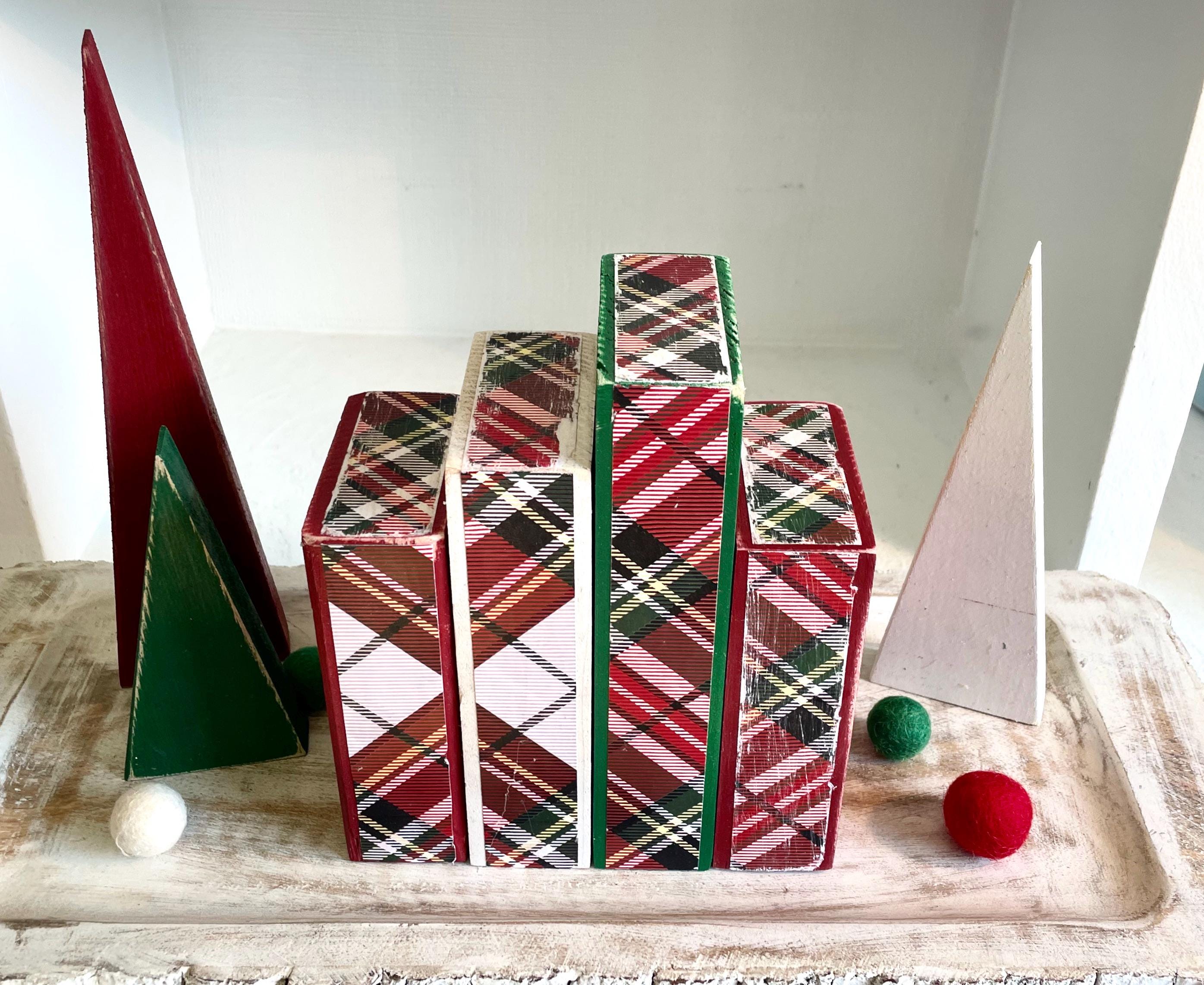 Christmas Plaid Wood Book Stack: Rustic Tiered Tray Decor - Etsy