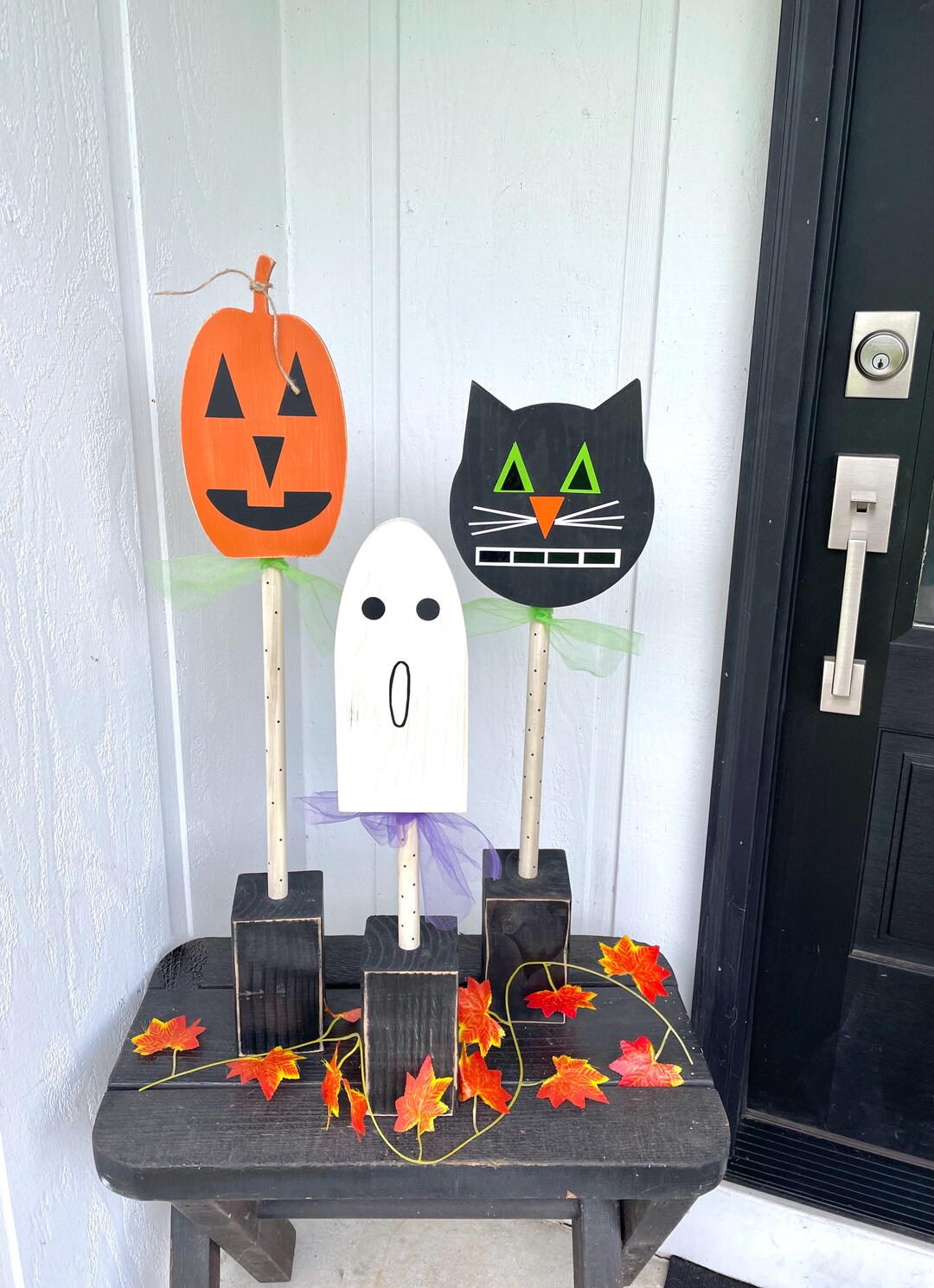 Wood Halloween Porch Decor: Pumpkin, Black Cat & Ghost Trio - Etsy