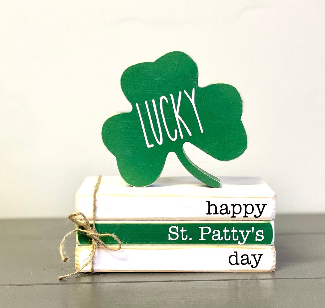 St. Patrick's Day Decor, Tiered Tray Decor, Wooden Shamrock, Mini Book ...