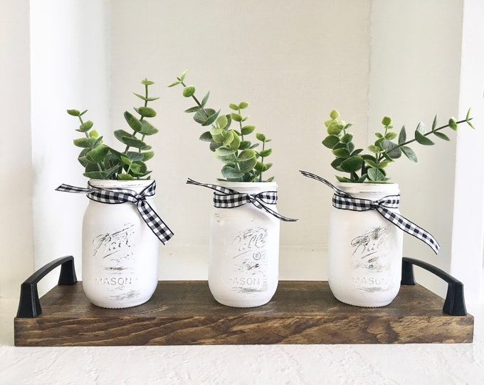 Farmhouse Mason Jars, Wood Tray, Set of 4, Rustic Centerpiece ...