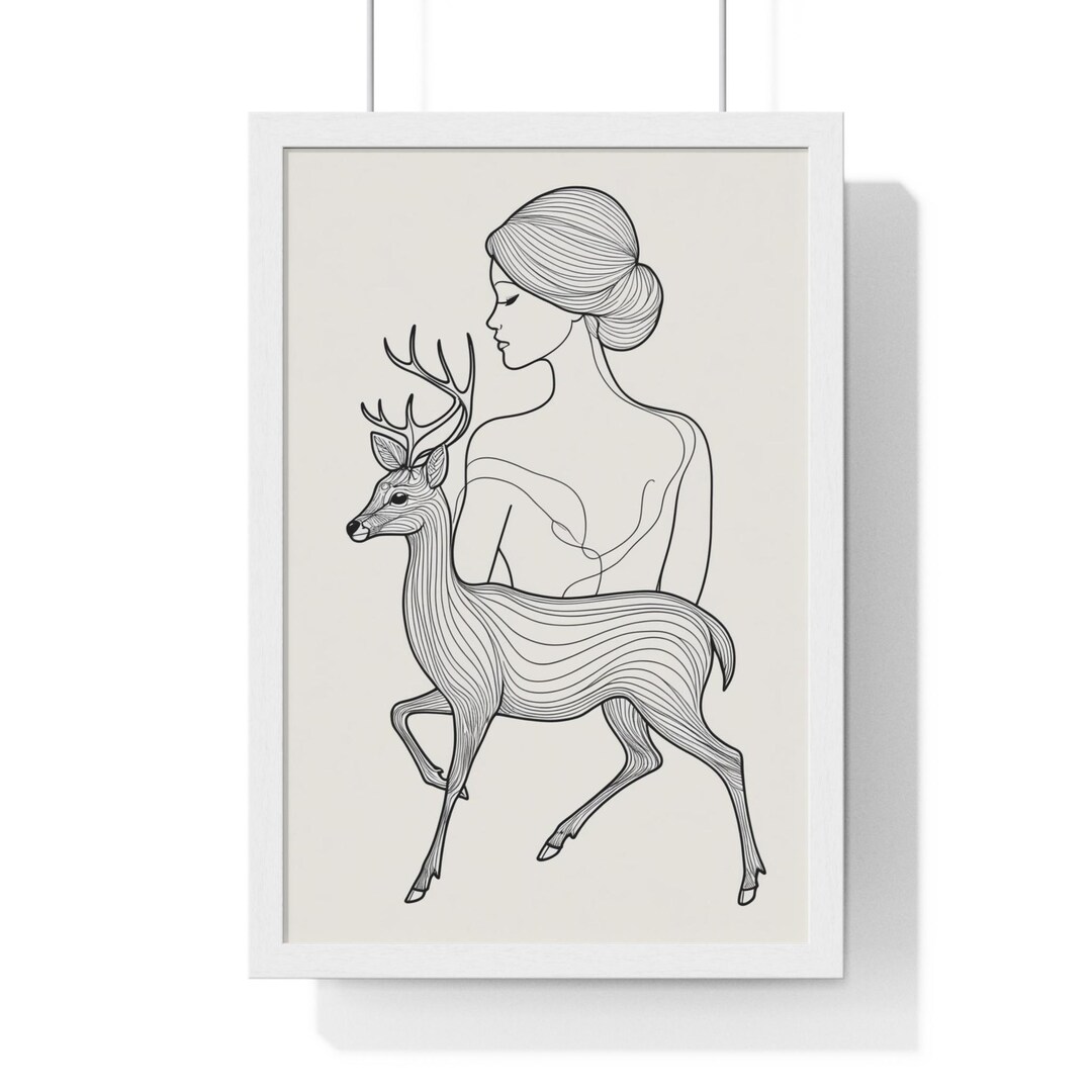 Fine Line Printable Art, Beautiful Women With Deer, Fine Line Deer ...