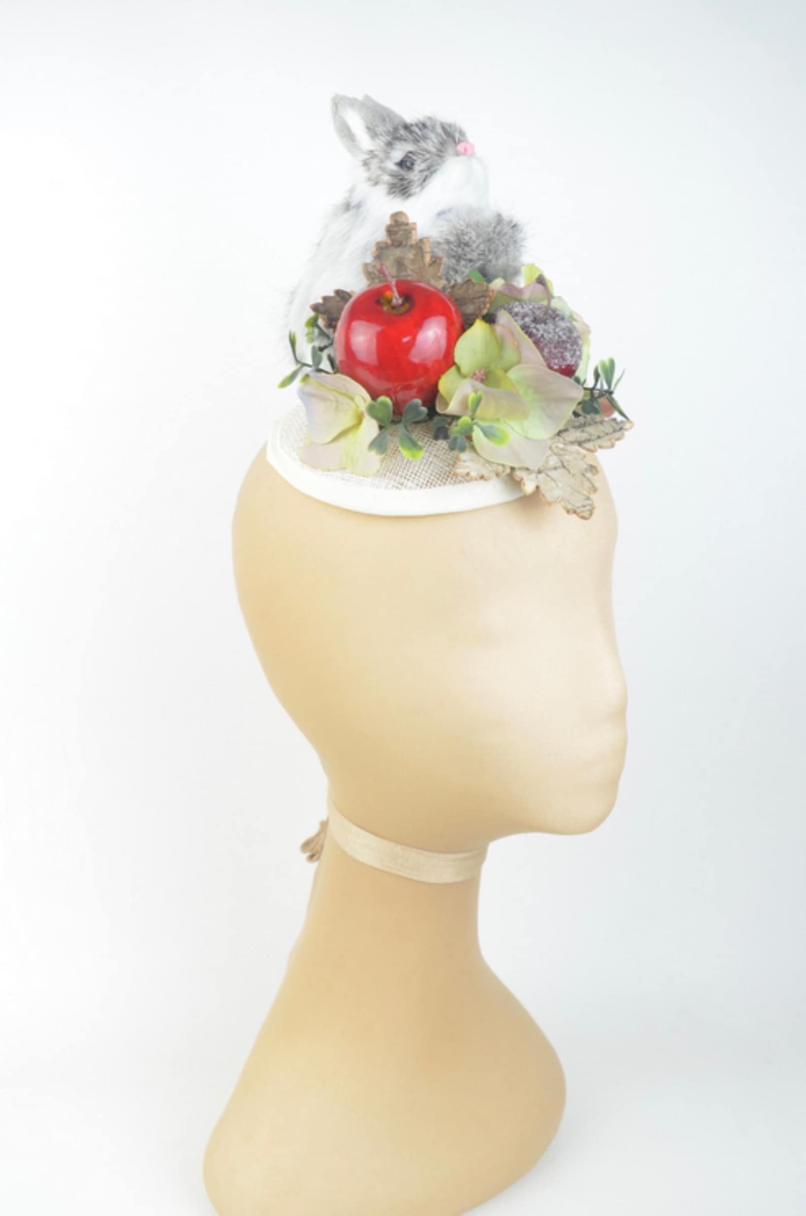 Headpiece With Cute Furry Rabbit, Silk Flowers and Apples Hair Clip ...