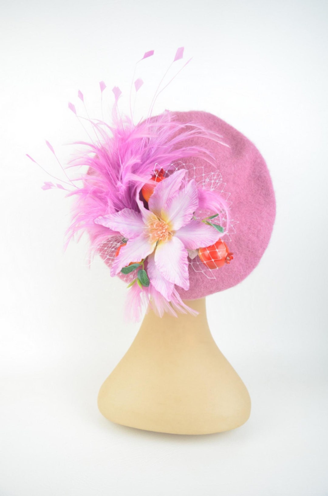 Beret Hat in Pink Feathers, Flowers and Pomegranates, French Style ...