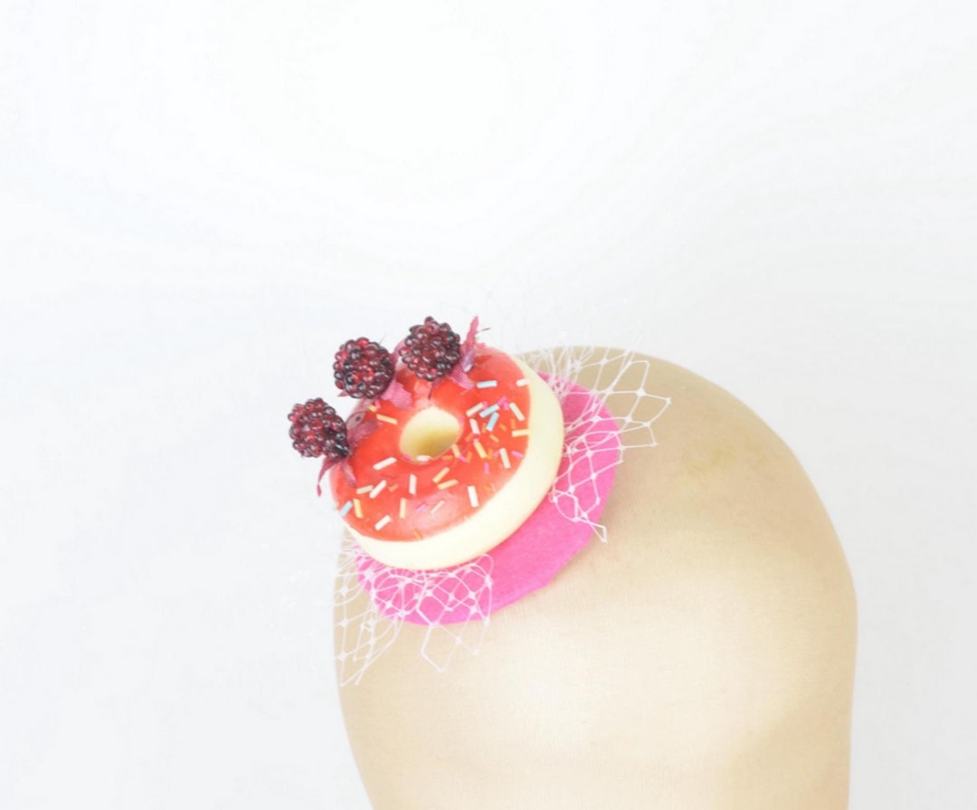 Mini Fascinator Red Velvet Donut Raspberries Veil Hair Clip Birthday ...