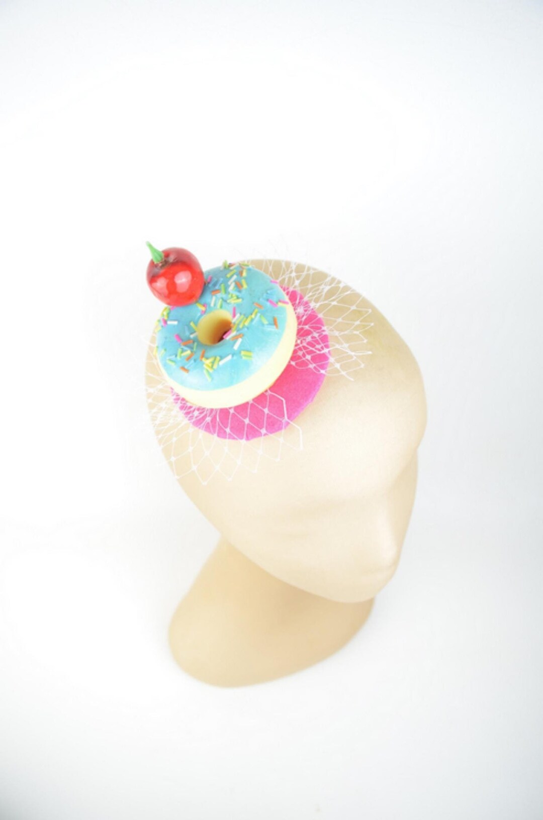 Mini Fascinator Blue Donut With Cherry and Veil Hair Clip Birthday Girl ...