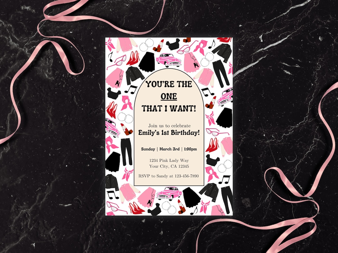 Grease-themed 'you're the One That I Want' First Birthday Invitation ...