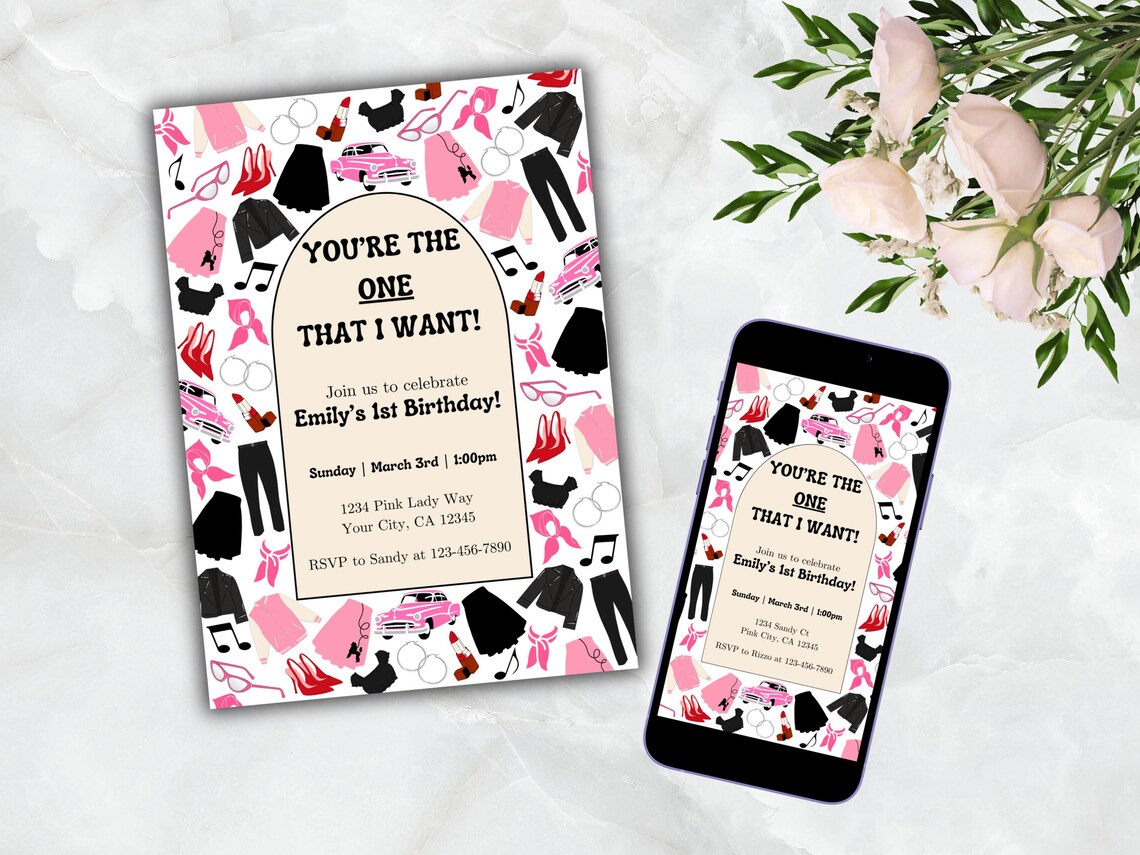 Grease-themed 'you're the One That I Want' First Birthday Invitation ...