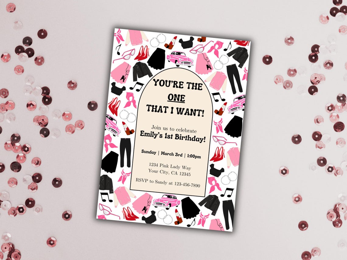 Grease-themed 'you're the One That I Want' First Birthday Invitation ...