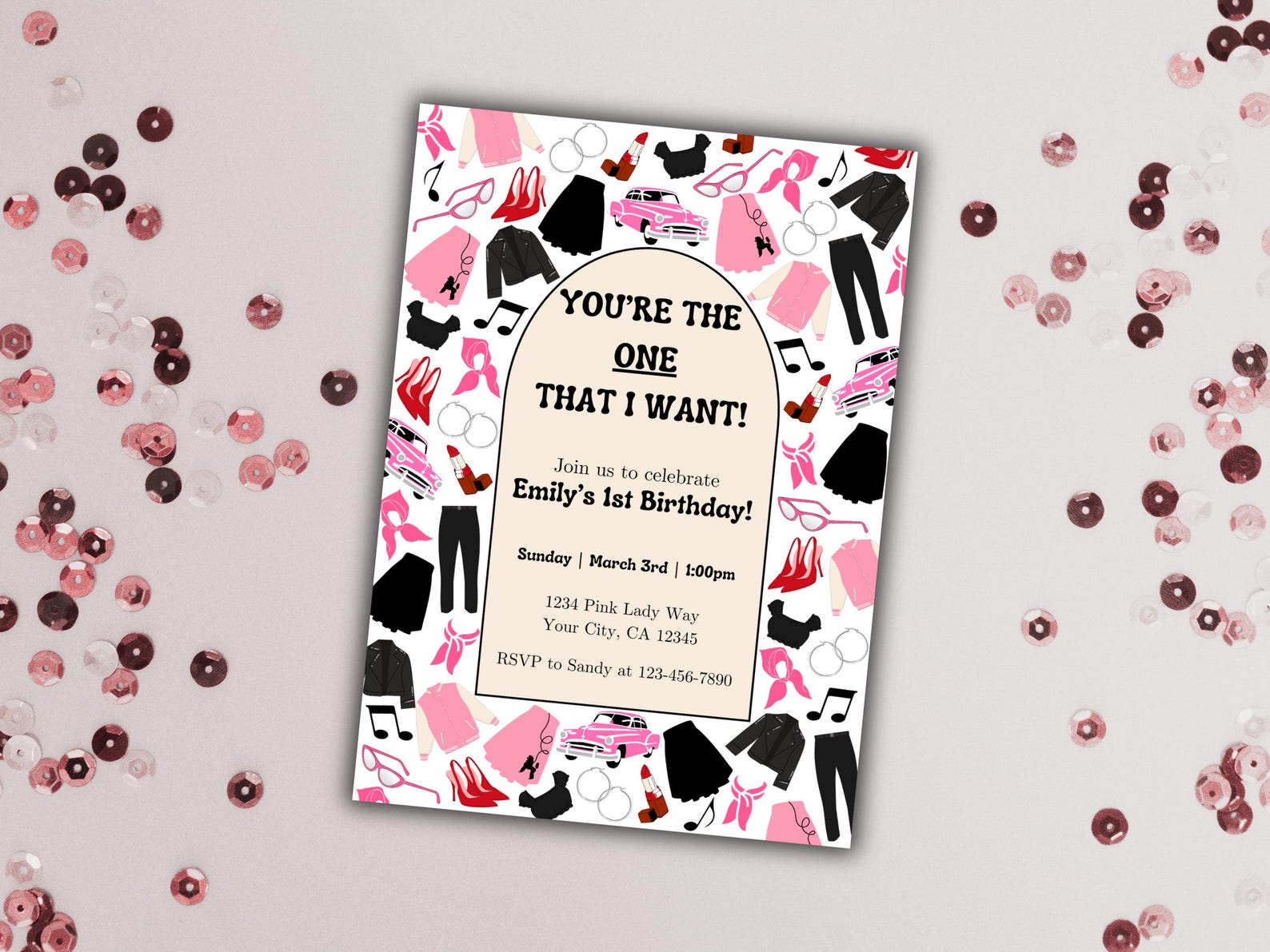 Grease-themed 'you're the One That I Want' First Birthday Invitation ...