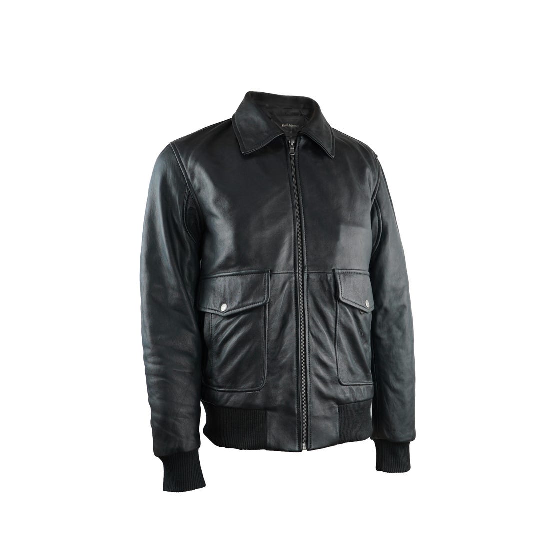 Black Leather Bomber Jacket , Mens Classic Zipper Jacket With Collar ...