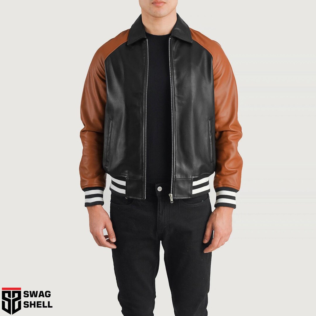 Men's Letterman Jacket Black Body, Brown Sleeves Rib-knit Trim Classic ...