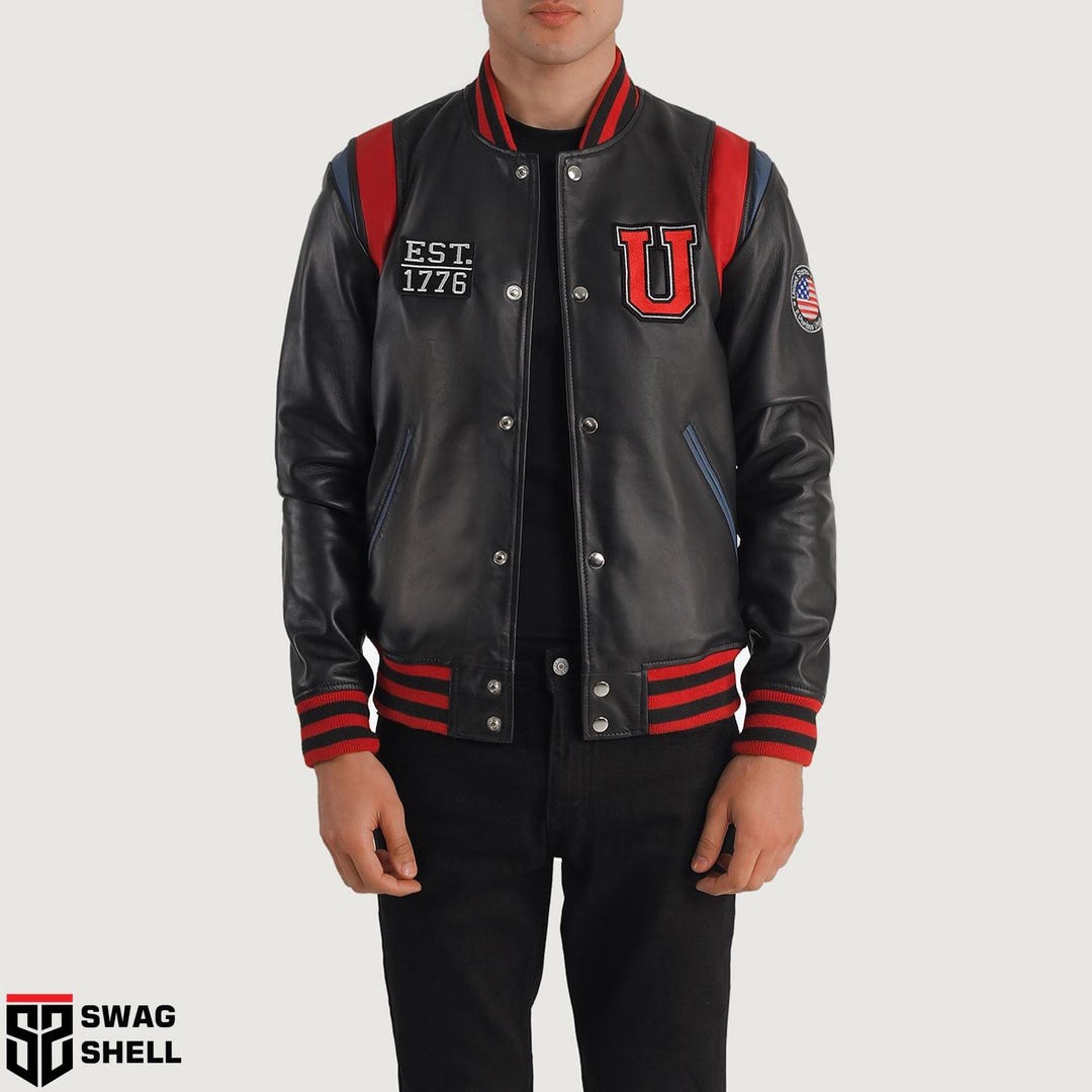 Handcrafted Custom Varsity Letterman Bomber Jacket - Black & Red ...