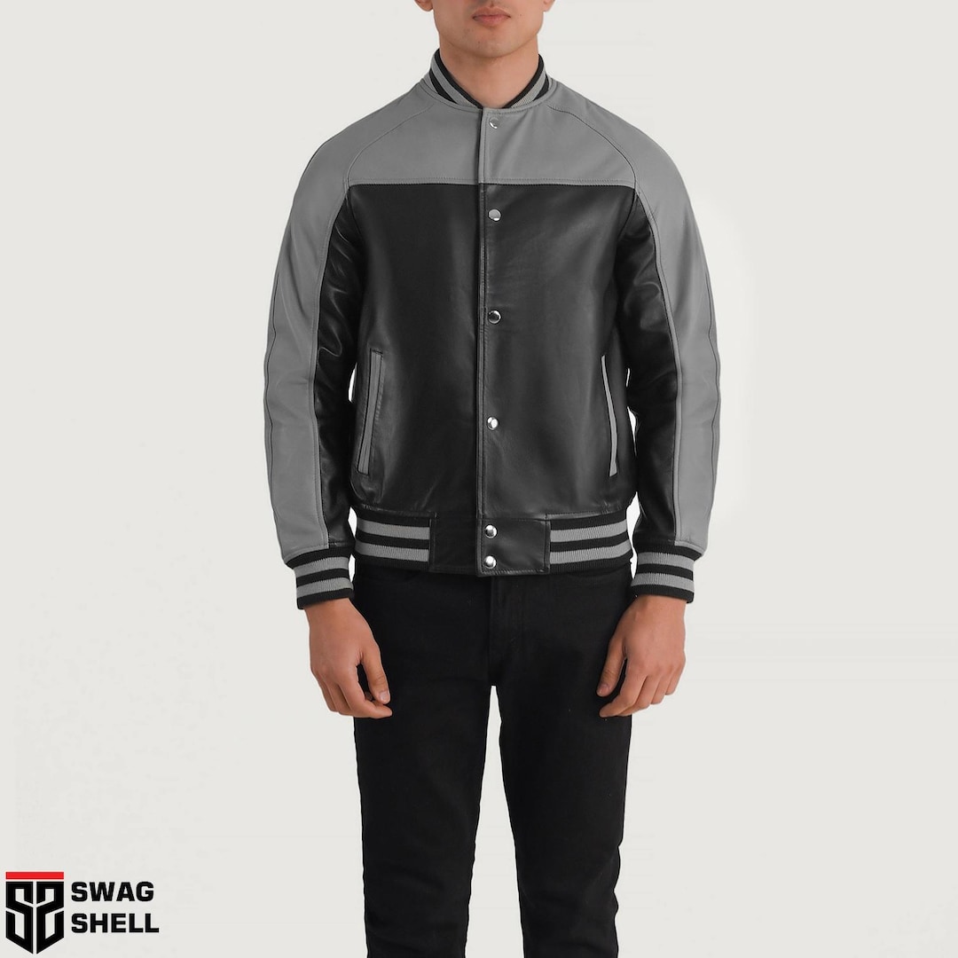 Full Leather Varsity Jacket Black and Grey Sleeves Style With Full ...