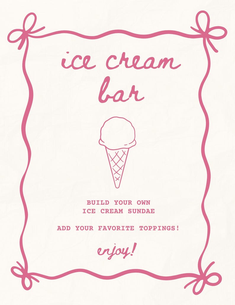 Handwritten Ice Cream Sundae Bar Pink Bows, Bridal Shower Ice Cream ...