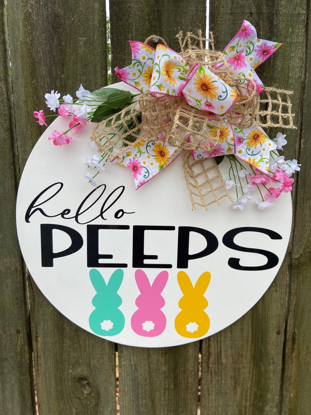 Hello Peeps | Easter Bunny Door Hanger | Round Wood Door Hanger ...