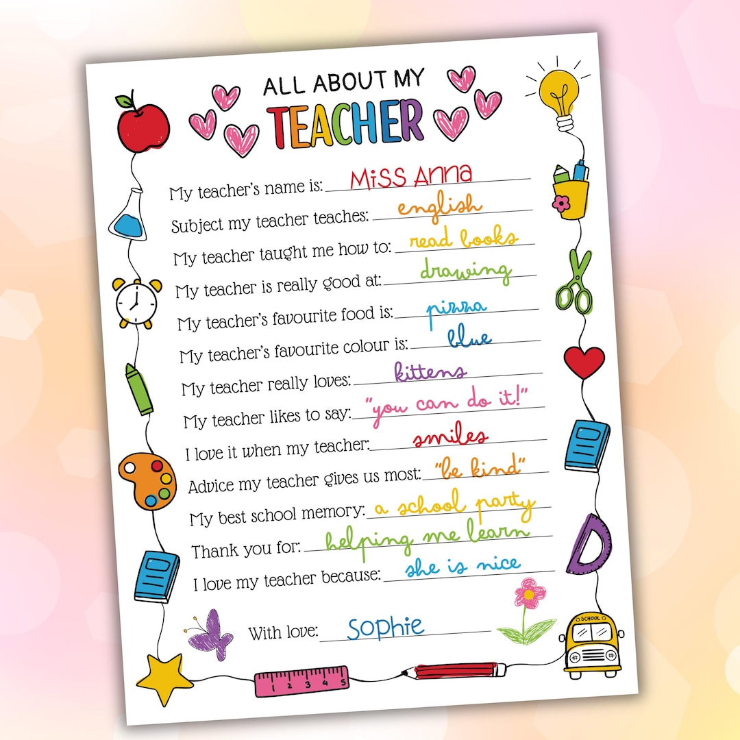 All About My Teacher Worksheet Teacher Favorites Form Printable ...