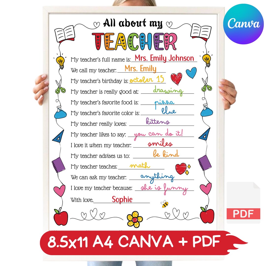 All About My Teacher Printable Questionnaire: Back to School Gift (PDF ...