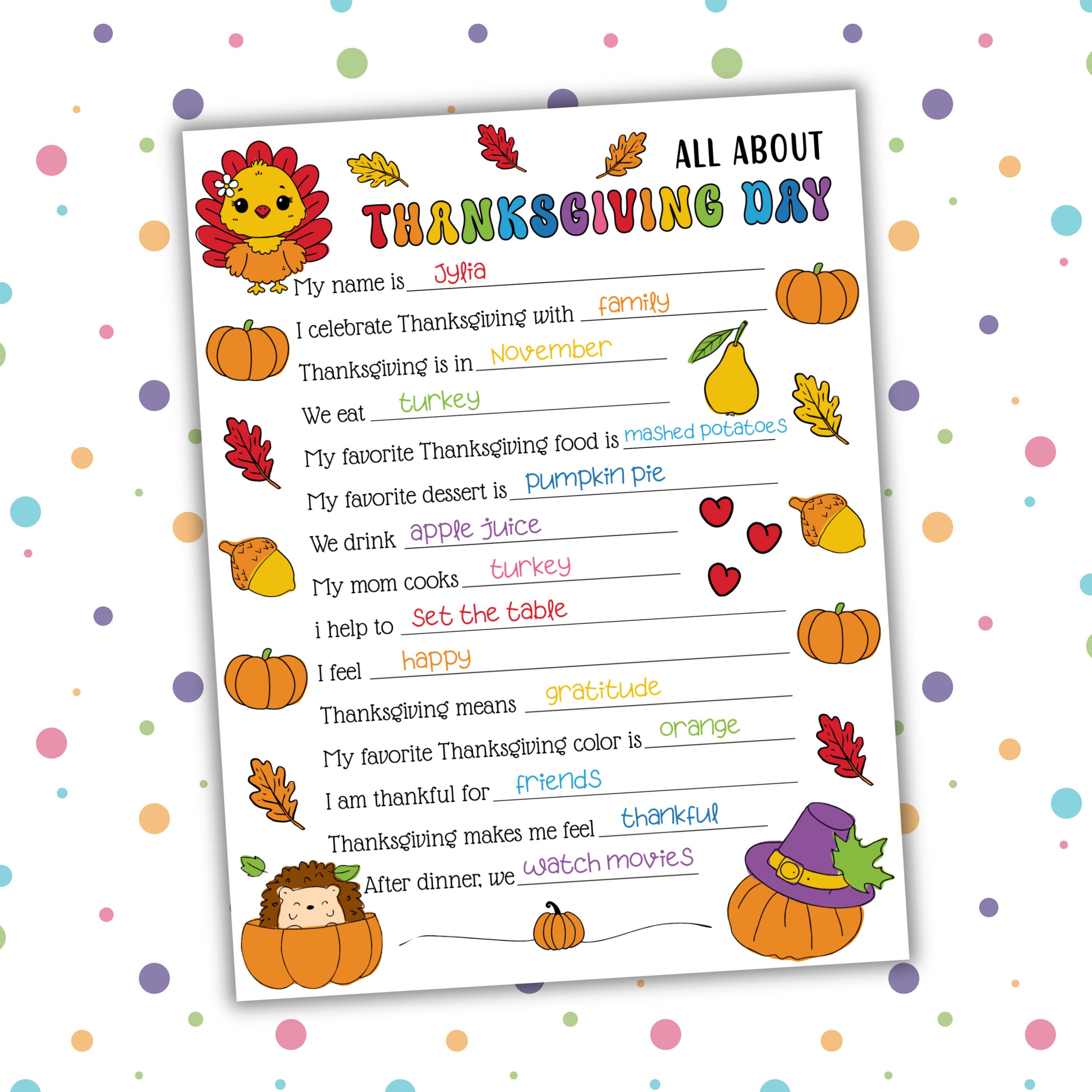 All About Thanksgiving Day Worksheet | Coloring + Mini Questionnaire ...