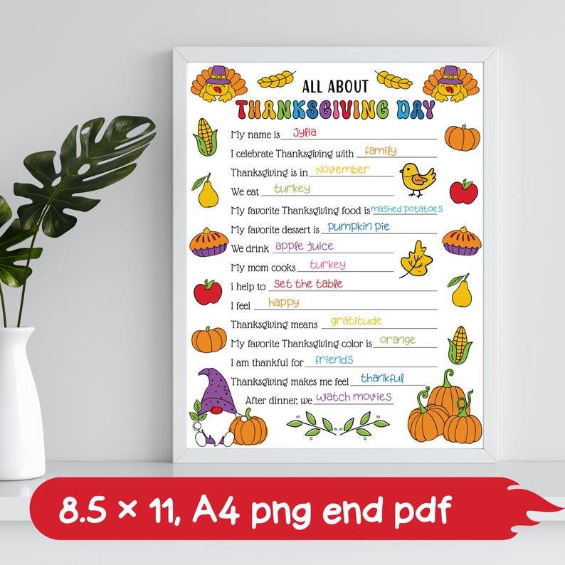 All About Thanksgiving Day Worksheet | Coloring + Mini Questionnaire ...