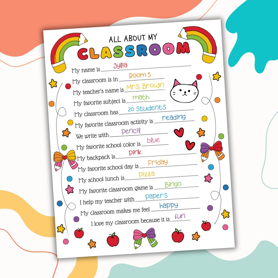 All About My Classroom Worksheet | Coloring + Mini Questionnaire | Back ...