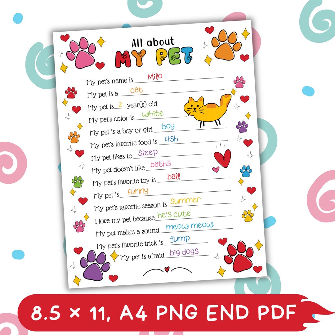 All About My Pet Worksheet | Kids Coloring Questionnaire,kids Holiday ...