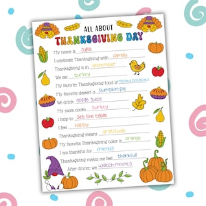 All About Thanksgiving Day Worksheet | Coloring + Mini Questionnaire ...