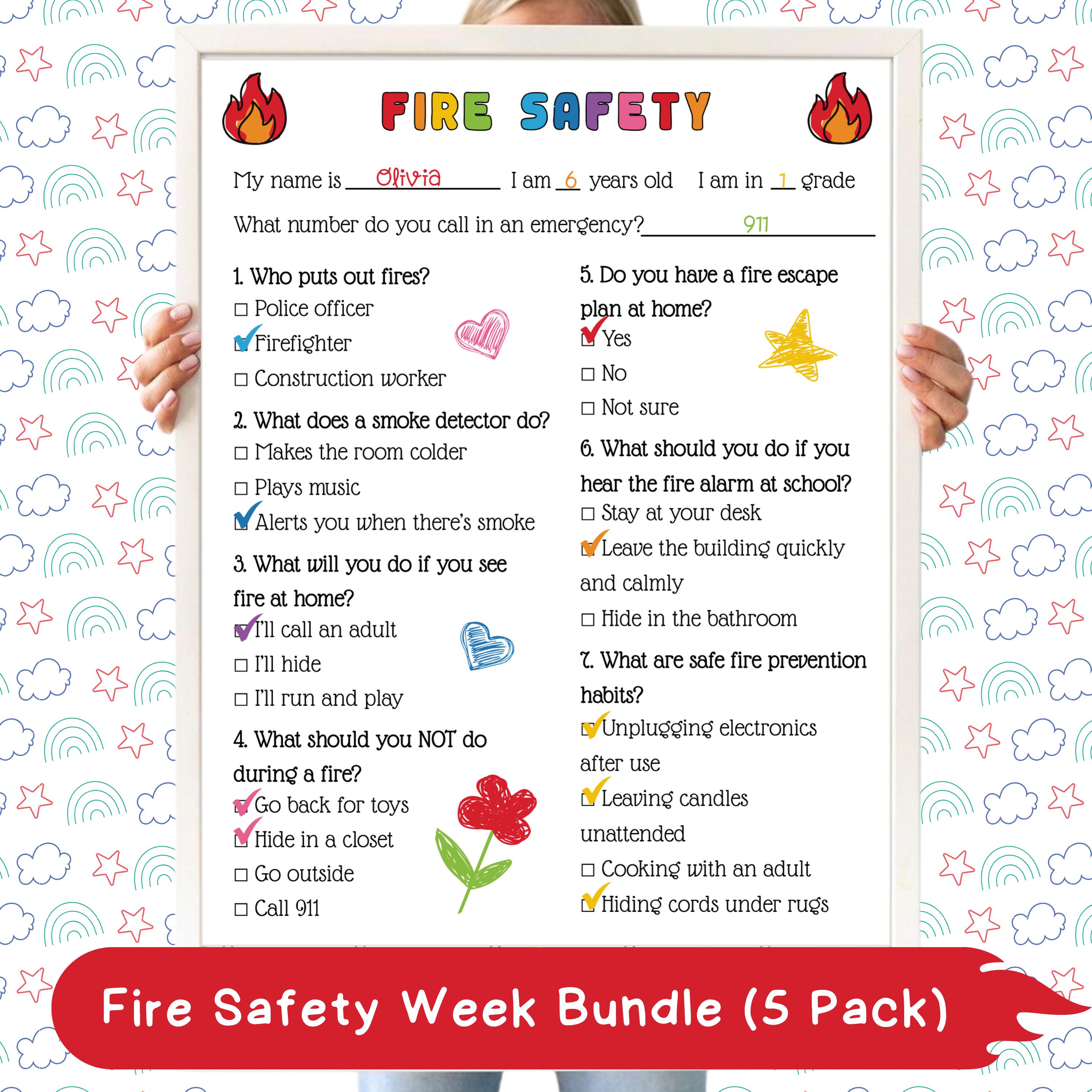 Fire Safety Week Worksheets: Kids Coloring & Questionnaire (printable ...