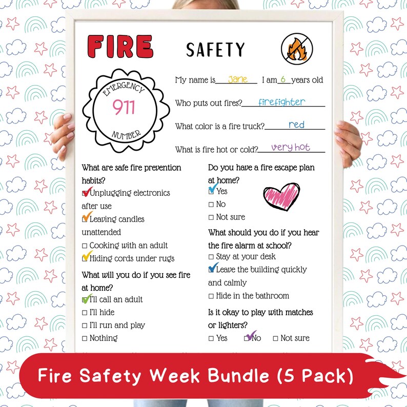 Fire Safety Week Worksheets: Kids Coloring & Questionnaire (printable ...
