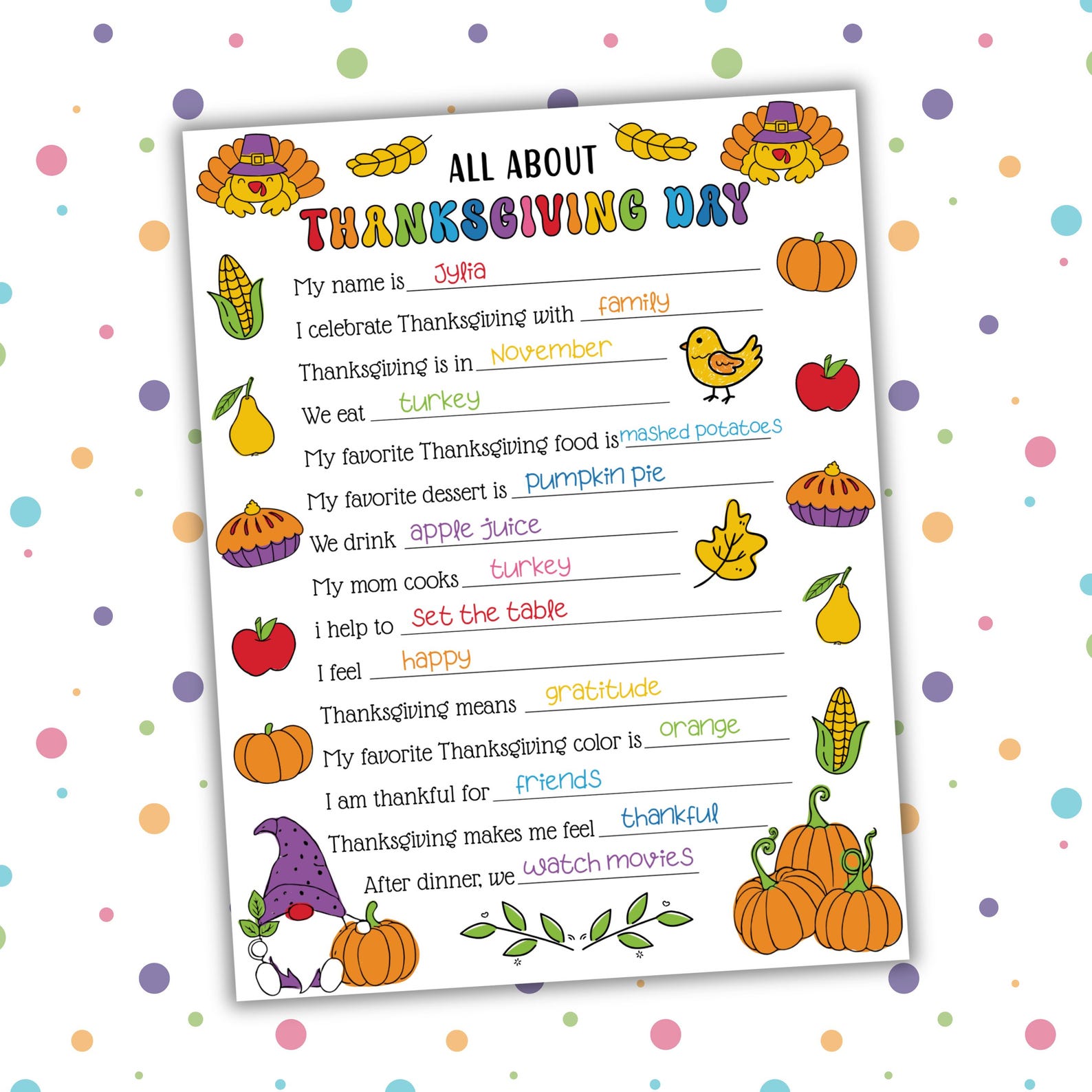 All About Thanksgiving Day Worksheet | Coloring + Mini Questionnaire ...